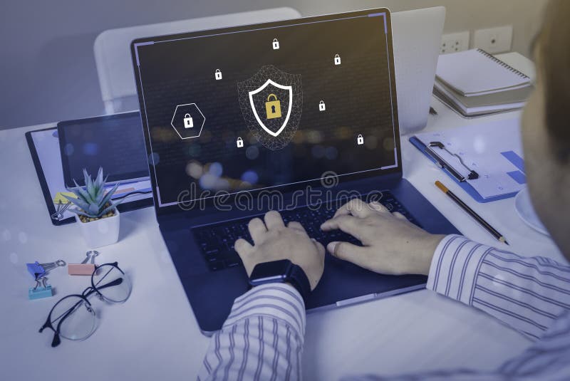 Person Using a Laptop Computer with Data Protection, Cyber Security ...