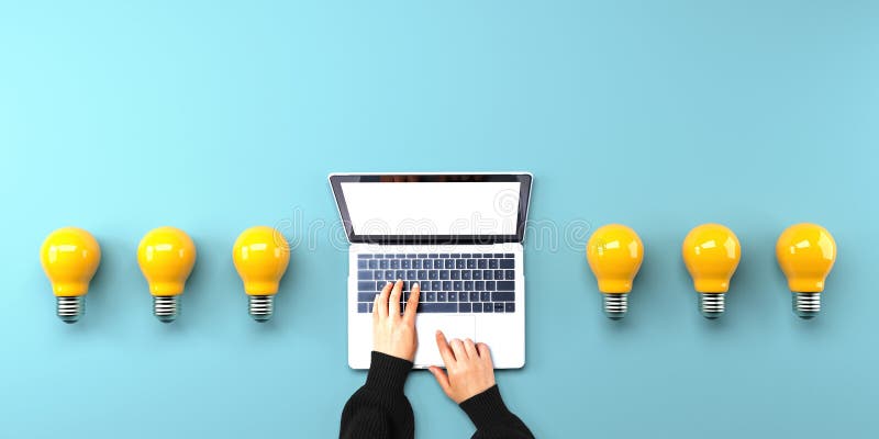 Person Using a Laptop Computer with Light Bulbs Stock Image - Image of ...
