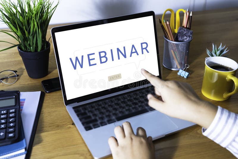 Person Using a Laptop Computer for Online Training Webinars. E-learning ...