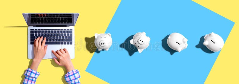 Person Using a Laptop Computer with Piggy Banks Stock Image - Image of ...