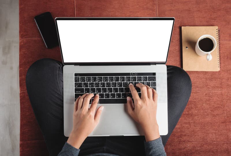 Person Using Laptop Computer on Sofa Inside Home Stock Photo - Image of ...
