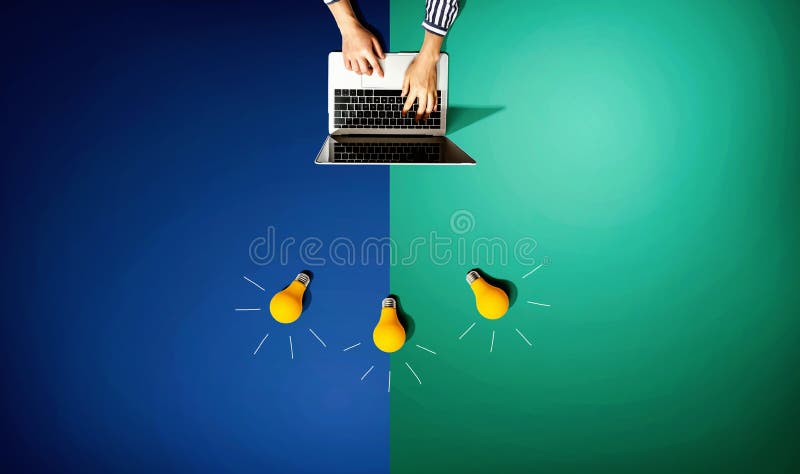 Person Using a Laptop Computer with Three Light Bulbs Stock Photo ...