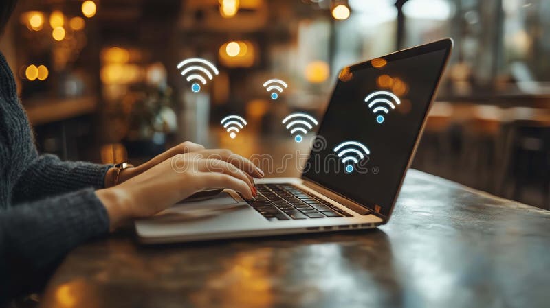 Person Using Laptop while Connecting To Wi-Fi in a Cozy Cafe Setting ...