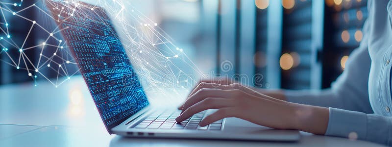 Person Using Laptop with Digital Data Visualization Showcasing ...