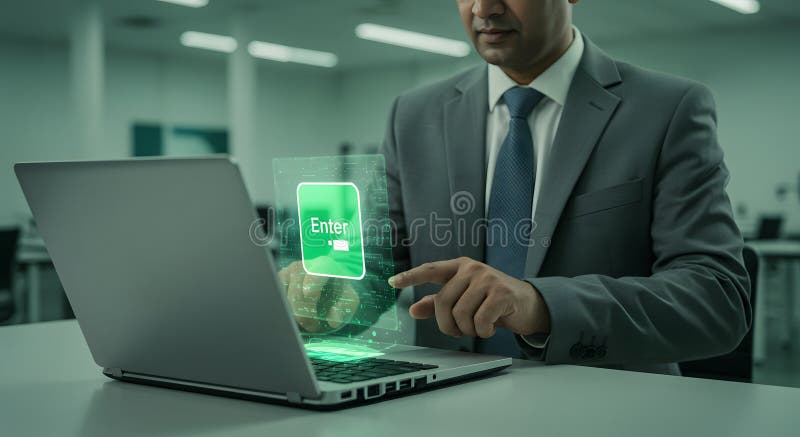 Person Using Laptop with Digital Enter Button Overlay Stock ...