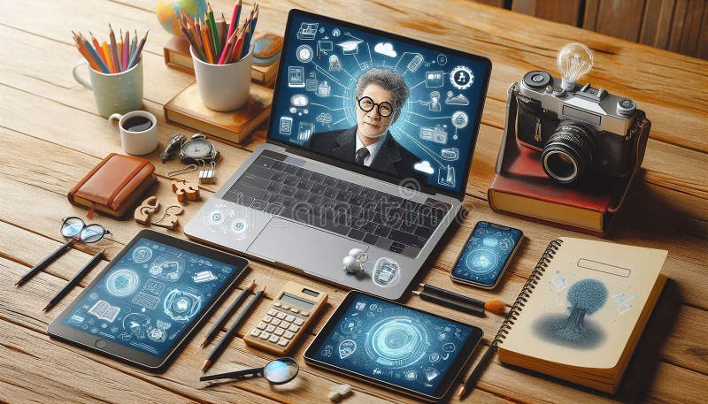 Person Using Laptop with Digital Icons and Gadgets Stock Illustration ...