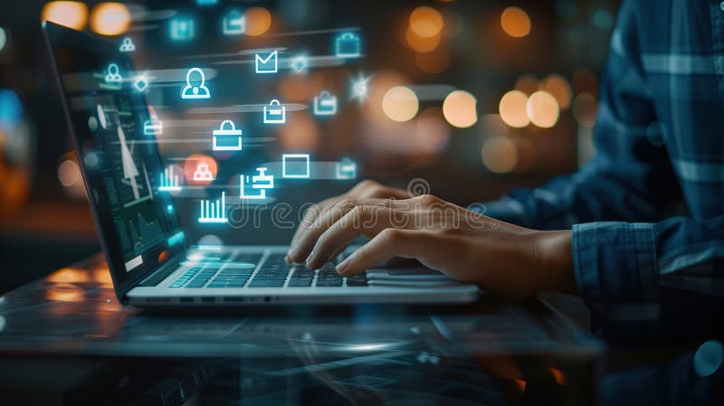 Person Using Laptop with Digital Icons Stock Illustration ...