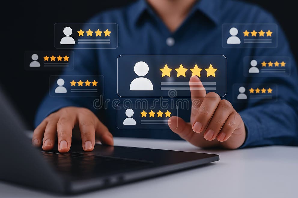 Person Using Laptop with Digital Interface Displaying Customer Feedback ...