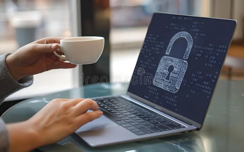 A Person is Using a Laptop with a Digital Lock on the Screen ...