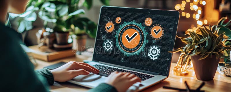 Person Using a Laptop with Digital Quality Control Checkmarks Stock ...