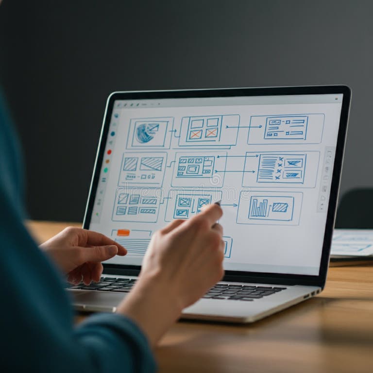 A Person is Using a Laptop Displaying a Flowchart or Blueprint ...
