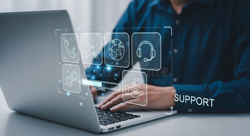 Person Using Laptop Displaying Support Icons and Progress Bar on a ...
