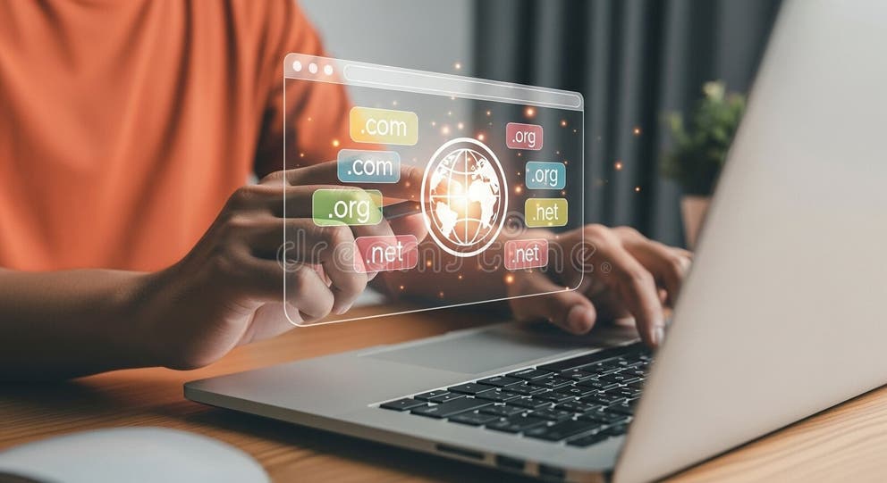 Person Using Laptop with Domain Extensions Displayed on Screen and ...