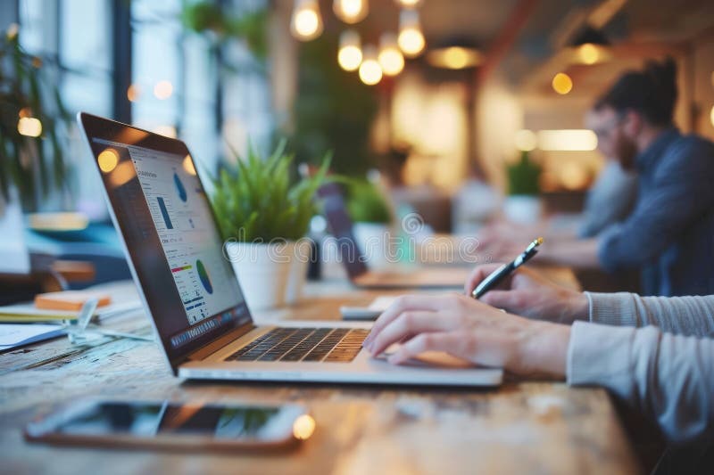 Person Using a Laptop with Financial Data with Graphs and Charts on a ...