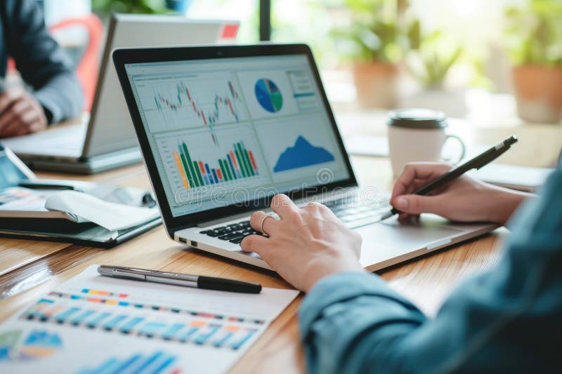 Person Using a Laptop with Financial Data with Graphs and Charts on a ...