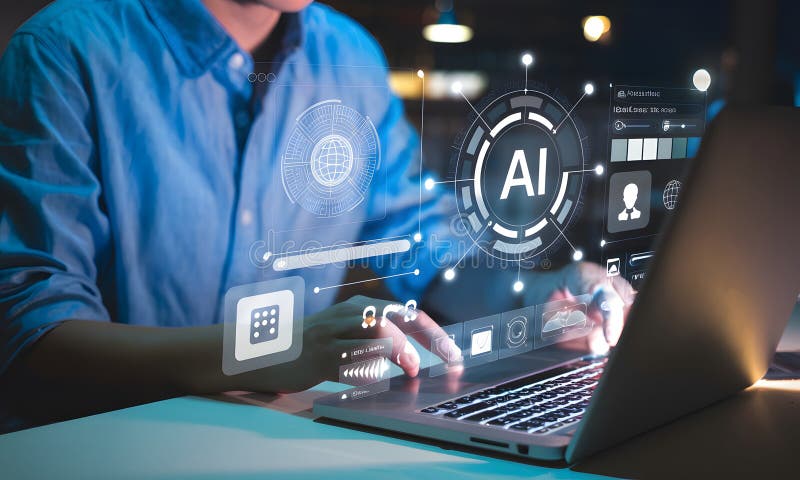 Person Using Laptop with Futuristic AI Interface Digital Technology ...