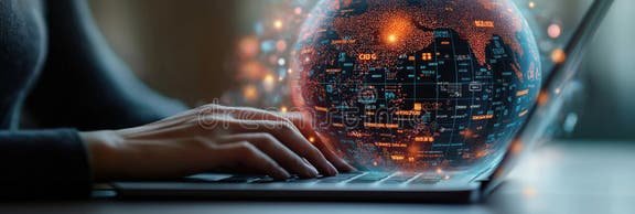 Person Using Laptop with Global Communication Tech Interface. Hands ...