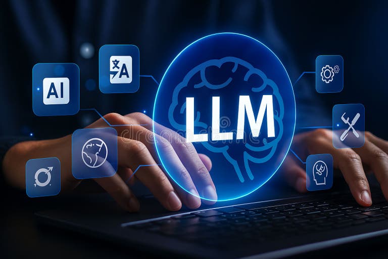 Person Using a Laptop with Glowing Ai and Llm Icons Symbolizing ...