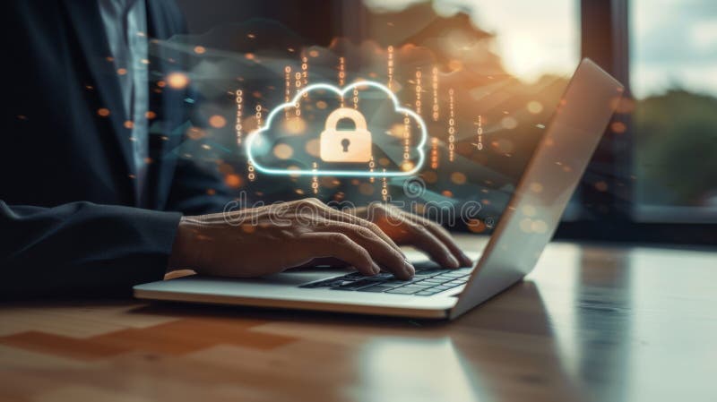 Person Using a Laptop with a Graphic of a Cloud Composed of Binary Code ...