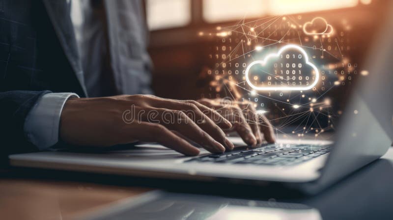 Person Using a Laptop with a Graphic of a Cloud Composed of Binary Code ...