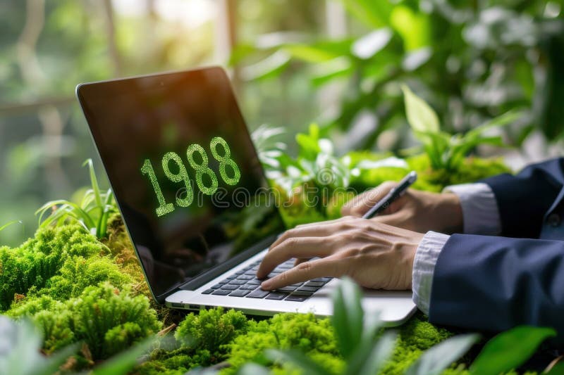 A Person Using a Laptop with Green Symbols, Surrounded by Plants ...