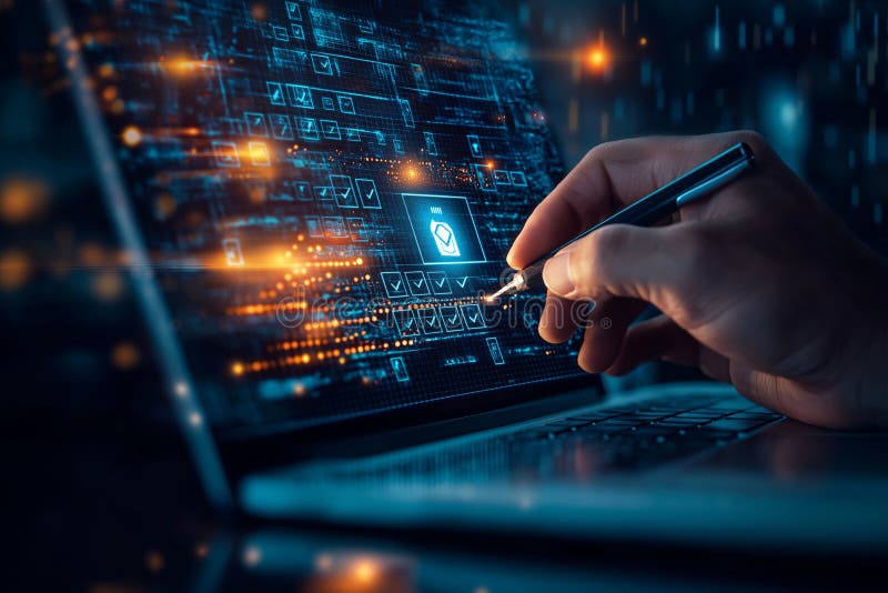 Person Using Laptop and Holding Pen To Check Boxes on Digital Interface ...