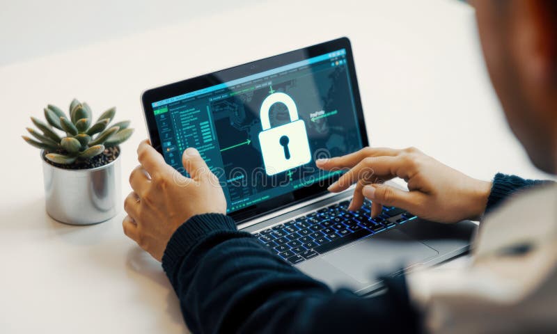 Person Using Laptop with Lock Symbol on Screen, Emphasizing ...