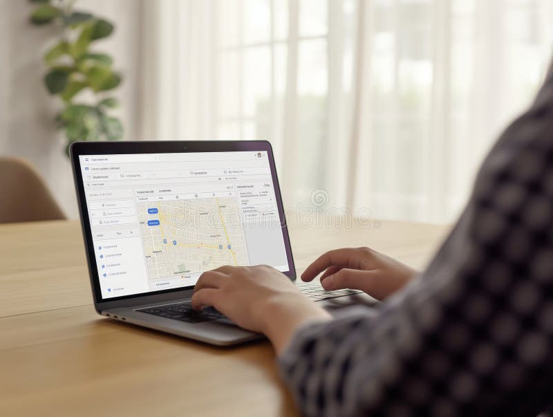 Person Using Laptop with Map Application in Bright Room Stock Image ...