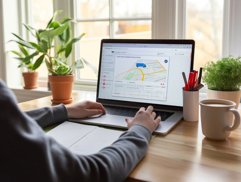 Person Using Laptop with Map Application at Home Office Stock Photo ...