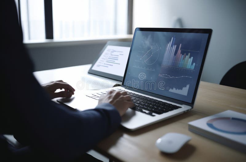 Person Using Laptop Presenting Statistics Stock Illustration ...