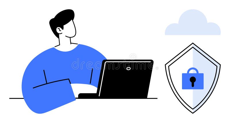 Person Using Laptop with Security Shield and Cloud Symbol Emphasizing Data Protection Stock ...
