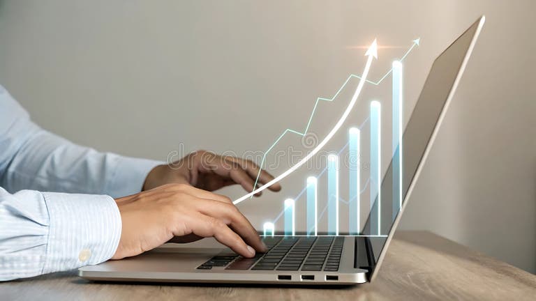 Person Using Laptop Showing Graphical Growth and Progress, Visualizing ...