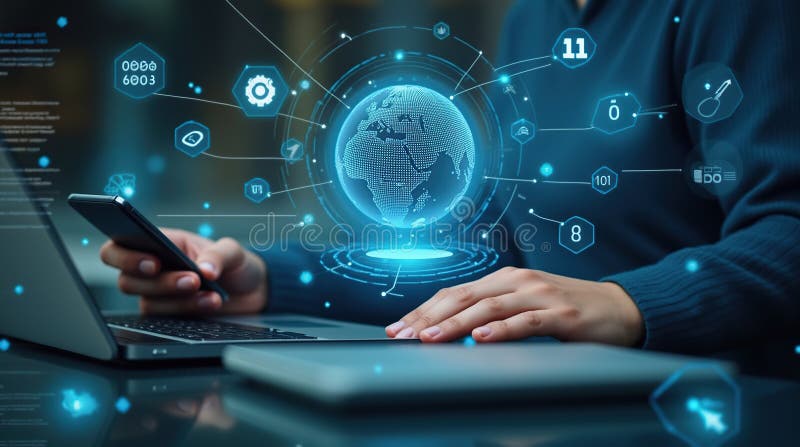 Person Using Laptop and Smartphone with Digital Interface Overlay Stock ...