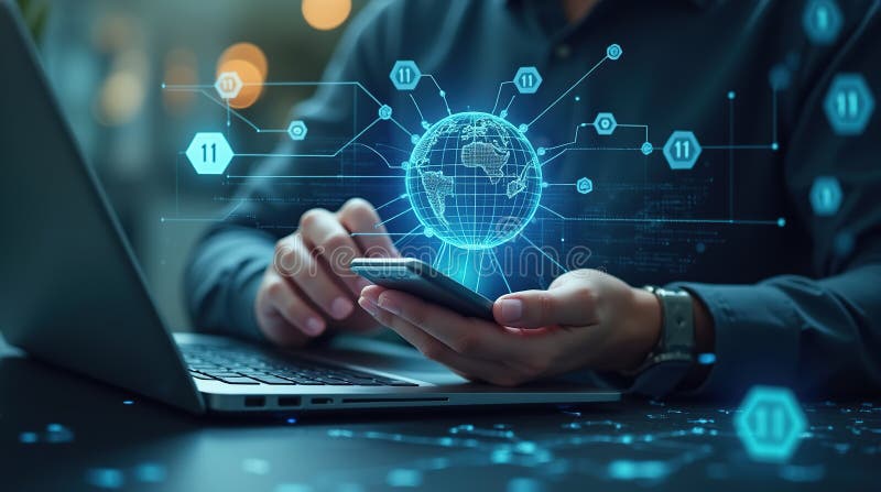 Person Using Laptop and Smartphone for Global Connectivity Stock ...