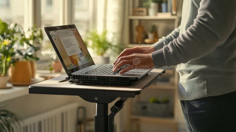 Person Using a Laptop on a Standing Desk in a Home Office Stock ...