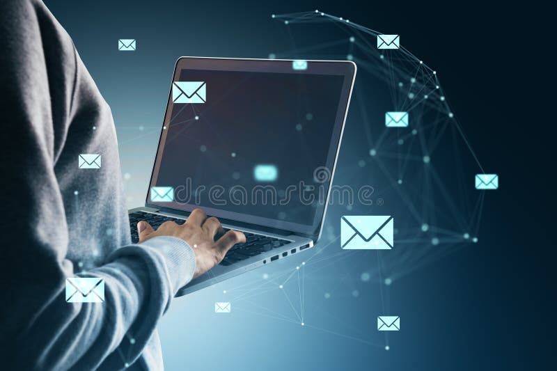Person Using Laptop Surrounded by Digital Envelopes, Symbolizing Email ...