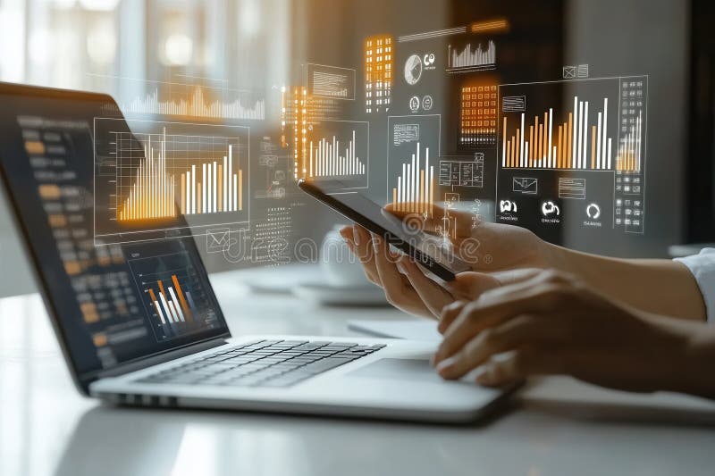 A Person is Using a Laptop and Tablet To View Graphs and Charts Stock ...