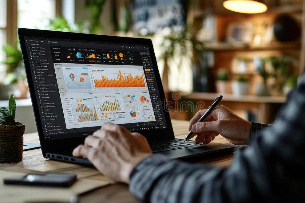 A Person is Using a Laptop To Draw Graphs Stock Illustration ...