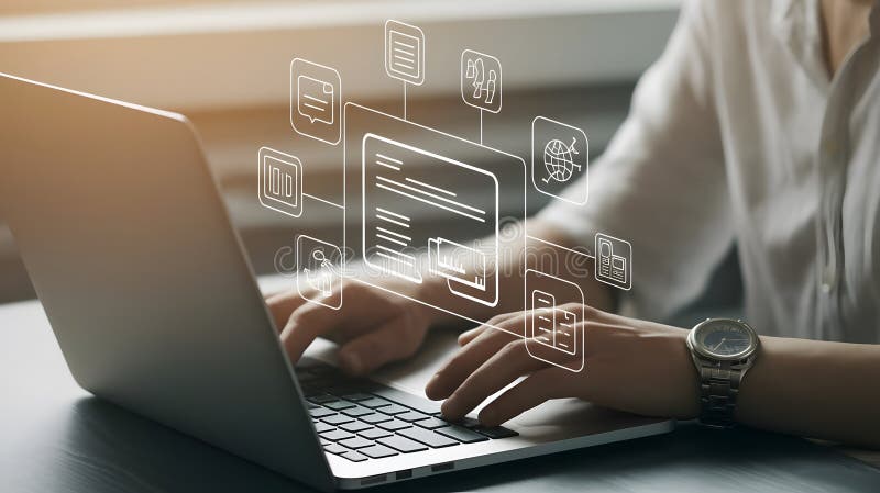 Person Working on a Laptop with Digital Overlay Stock Illustration ...