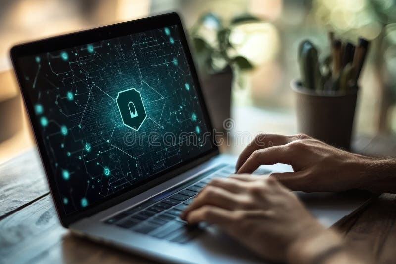 Person Using a Laptops Computer Show a Privacy Lock Icon on Virtual ...