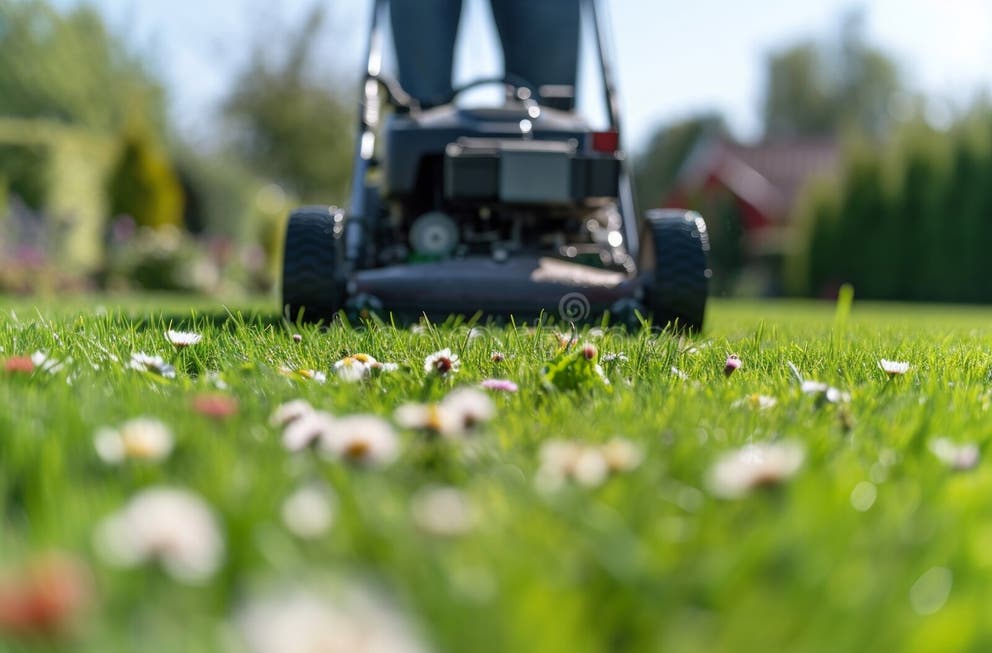 A Person Using a Lawn Mower in a Large Lawn Stock Illustration ...