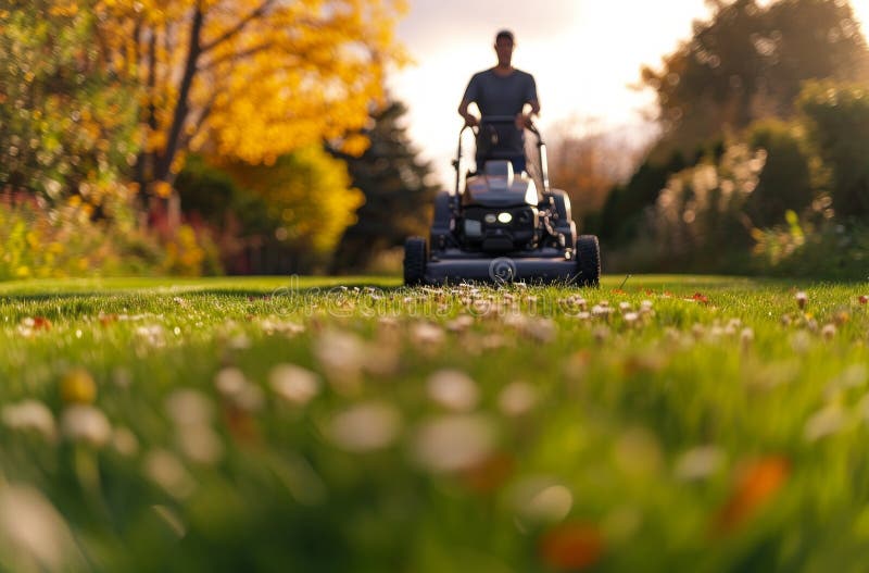 A Person Using a Lawn Mower in a Large Lawn Stock Photo - Image of ...