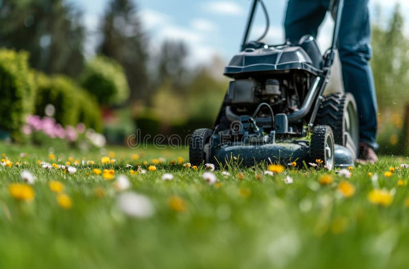 A Person Using a Lawn Mower in a Large Lawn Stock Image - Image of ...