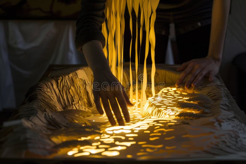 Person Using Led Lights Behind Paper Cut Waterfall To Create Glow ...