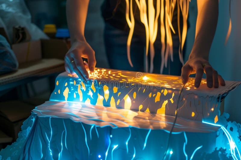 Person Using Led Lights Behind Paper Cut Waterfall To Create Glow ...