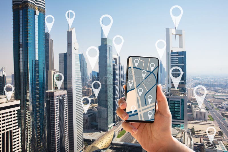 Person Using Map Navigation on Cellphone Screen in Dubai City Stock ...