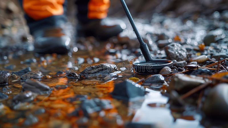 A Person is Using a Metal Detector in a Sunlit Shallow Stream, Scanning ...