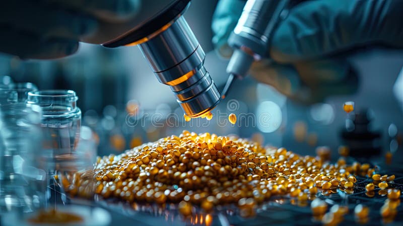 A Person is Using a Microscope To Look at a Pile of Yellow Objects ...