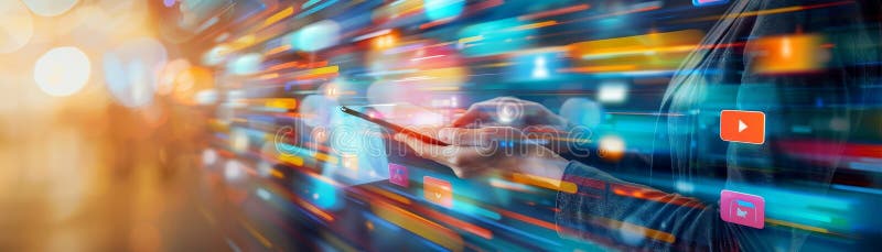 Person Using Mobile Device with Fast-moving Digital Data and Social ...