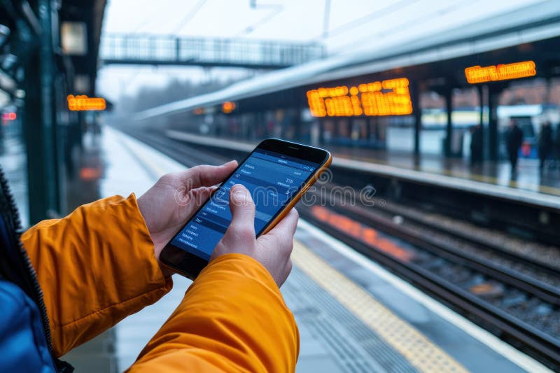 Person is Using Mobile Phone while Waiting on Railway Platform, with ...